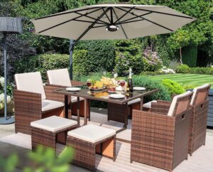 homall 9 pieces dining outdoor furniture patio wicker rattan chairs and tempered glass table sectional conversation set cushioned with ottoman (brown)