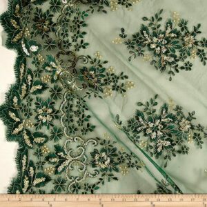 pine green/gold rowley sequin embroidered mesh fabric. lace netting material ideal for sewing, dresses, gowns, dresses, skirts, veils, diy, arts & crafts, drapery, tablecloths, home décor etc