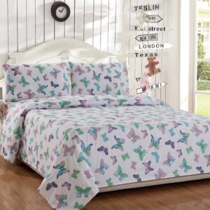 Linen Plus Sheet Set for Girls/Teens/Adults Butterflies Purple White Green Turquoise Pink Butterfly Flat Sheet Fitted Sheet and Pillow case Twin Size New