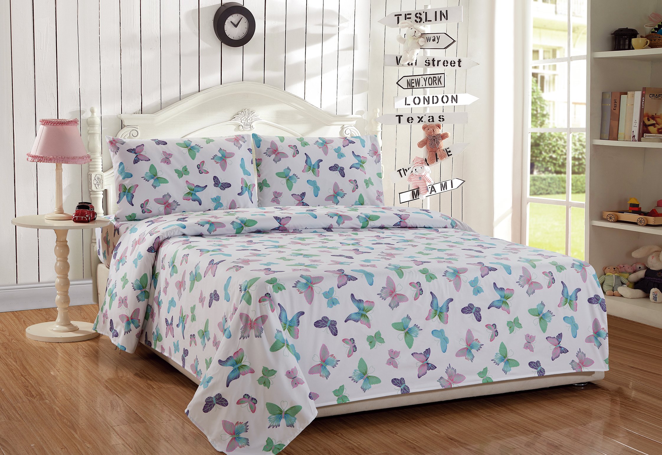 Linen Plus Sheet Set for Girls/Teens/Adults Butterflies Purple White Green Turquoise Pink Butterfly Flat Sheet Fitted Sheet and Pillow case Twin Size New