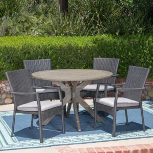 Christopher Knight Home Layna Outdoor 5 Piece Wood and Wicker Dining Set, Gray Finish/Gray