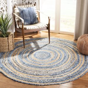 safavieh cape cod collection 5' round blue / natural cap209l handmade braided jute & cotton area rug