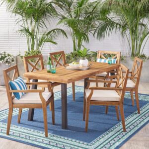 christopher knight home justin outdoor 7 piece acacia wood dining set, teak finish/rustic metal/crème