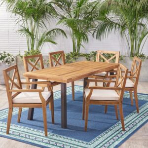 Christopher Knight Home Justin Outdoor 7 Piece Acacia Wood Dining Set, Teak Finish/Rustic Metal/Crème