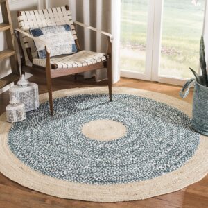 safavieh cape cod collection 6' round light blue / natural cap210m handmade braided jute & cotton area rug