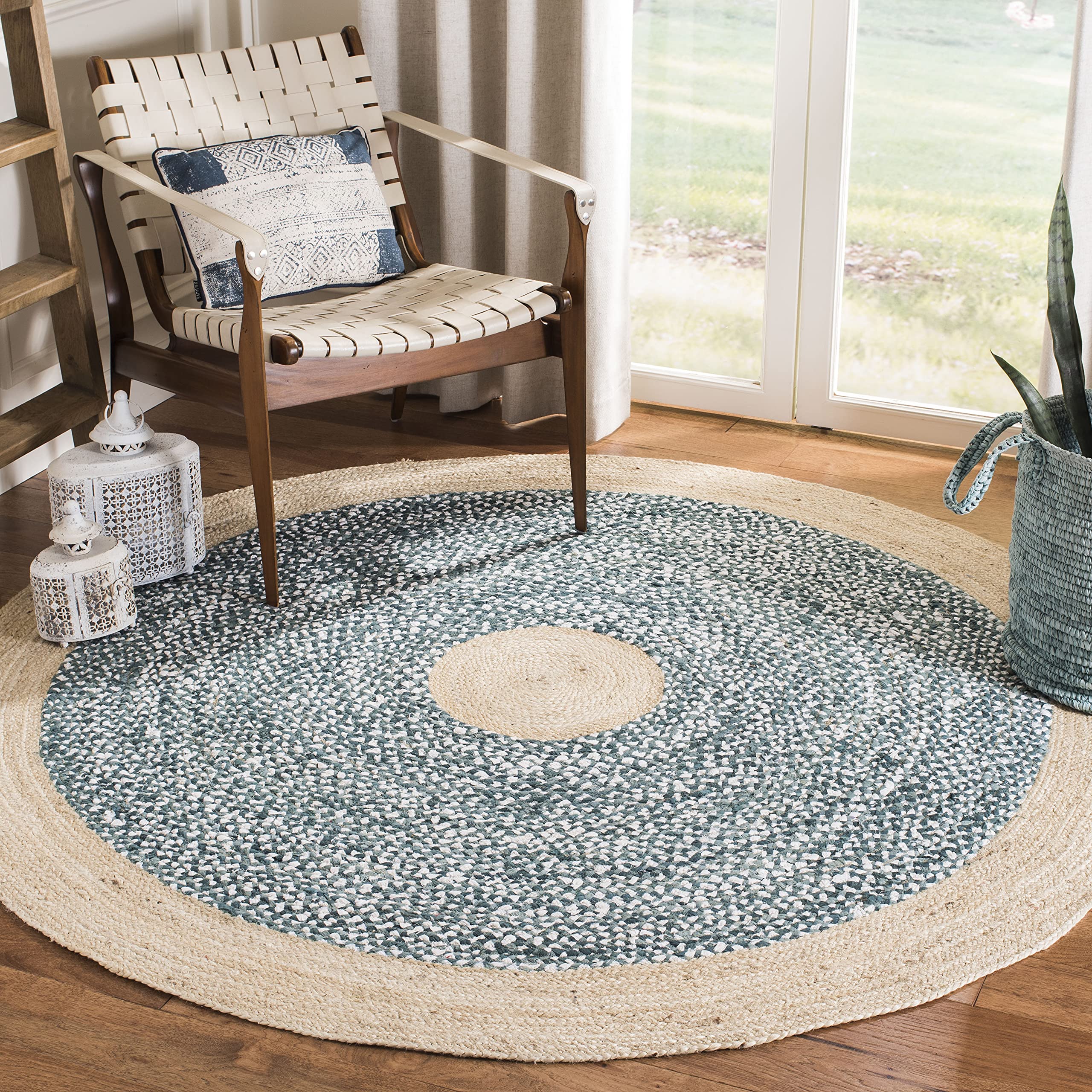 SAFAVIEH Cape Cod Collection 6' Round Light Blue / Natural CAP210M Handmade Braided Jute & Cotton Area Rug