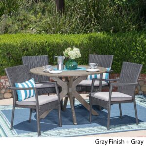 Christopher Knight Home Layna Outdoor 5 Piece Wood and Wicker Dining Set, Gray Finish/Gray