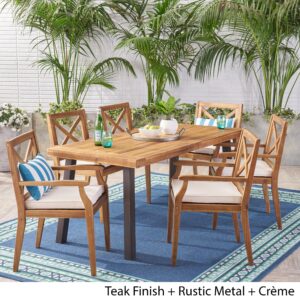 Christopher Knight Home Justin Outdoor 7 Piece Acacia Wood Dining Set, Teak Finish/Rustic Metal/Crème