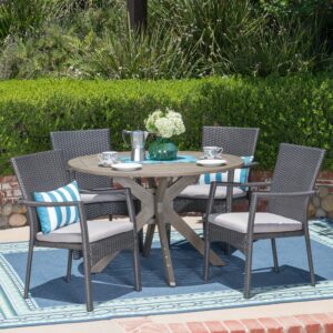 christopher knight home layna outdoor 5 piece wood and wicker dining set, gray finish/gray