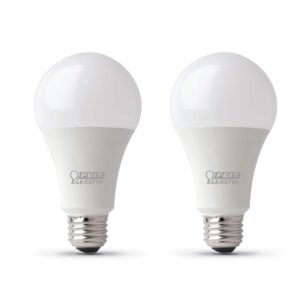 feit electric a19 100w equivalent led light bulbs, dimmable, 3000k bright white, 1600 lumens, 22 year lifetime, e26 base, cri 90, ul listed, damp rated, 2 pack, om100dm/930ca/2