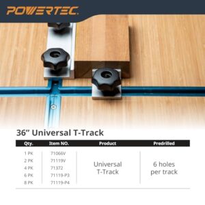 POWERTEC 71372 36 Inch Double-Cut Profile Universal T-Track with Predrilled Mounting Holes, 4 Pack, T Track for Woodworking Jigs and Fixtures, Drill Press Table, Router Table, Workbench