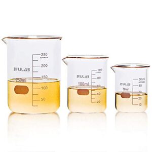 ulab scientific glass beaker set, 3 sizes 50ml 100ml 250ml, 3.3 boro griffin low form with printed graduation, ubg1001