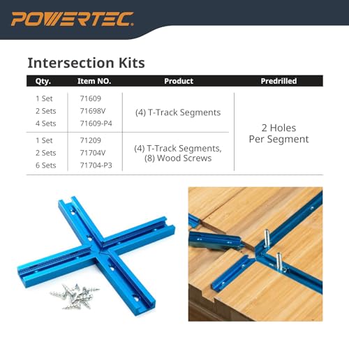 POWERTEC 71372 36 Inch Double-Cut Profile Universal T-Track with Predrilled Mounting Holes, 4 Pack, T Track for Woodworking Jigs and Fixtures, Drill Press Table, Router Table, Workbench