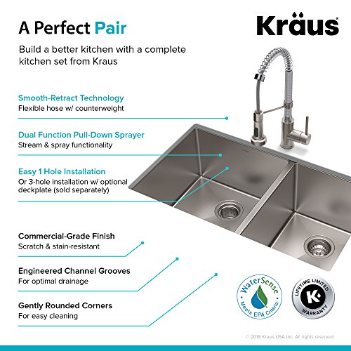 KRAUS 33-inch 16 Gauge Double Bowl 60/40 Standart PRO Kitchen Sink Combo Set with Bolden 18-inch Kitchen Faucet and Soap Dispenser, Stainless Steel Chrome KHU103-33-1610-53SSCH