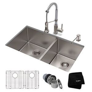 kraus 33-inch 16 gauge double bowl 60/40 standart pro kitchen sink combo set with bolden 18-inch kitchen faucet and soap dispenser, stainless steel chrome khu103-33-1610-53ssch