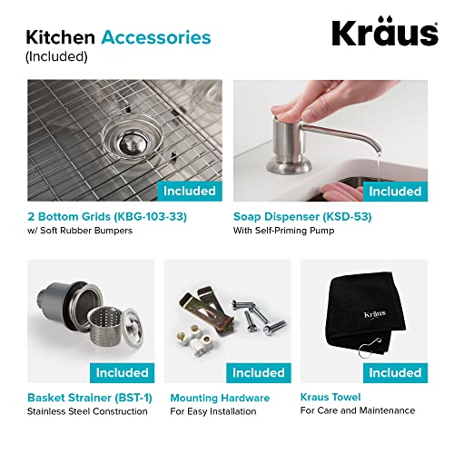 KRAUS 33-inch 16 Gauge Double Bowl 60/40 Standart PRO Kitchen Sink Combo Set with Bolden 18-inch Kitchen Faucet and Soap Dispenser, Stainless Steel Chrome KHU103-33-1610-53SSCH