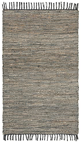 SAFAVIEH Vintage Leather Collection Accent Rug - 4' x 6', Grey, Handmade Boho Fringe Leather & Jute, Ideal for High Traffic Areas in Entryway, Living Room, Bedroom (VTL203F)