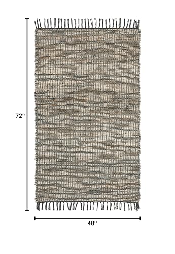 SAFAVIEH Vintage Leather Collection Accent Rug - 4' x 6', Grey, Handmade Boho Fringe Leather & Jute, Ideal for High Traffic Areas in Entryway, Living Room, Bedroom (VTL203F)