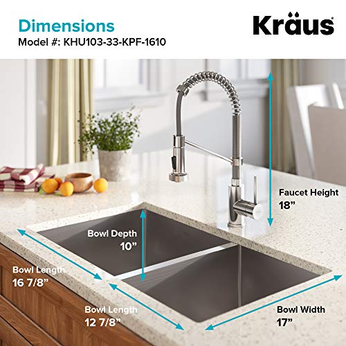 KRAUS 33-inch 16 Gauge Double Bowl 60/40 Standart PRO Kitchen Sink Combo Set with Bolden 18-inch Kitchen Faucet and Soap Dispenser, Stainless Steel Chrome KHU103-33-1610-53SSCH