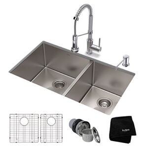 kraus 33-inch 16 gauge double bowl 60/40 standart pro kitchen sink combo set with bolden 18-inch kitchen faucet and soap dispenser, chrome khu103-33-1610-53ch