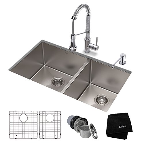 KRAUS 33-inch 16 Gauge Double Bowl 60/40 Standart PRO Kitchen Sink Combo Set with Bolden 18-inch Kitchen Faucet and Soap Dispenser, Chrome KHU103-33-1610-53CH