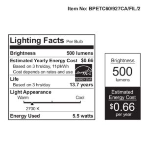 Feit Electric BPETC60/927CA/FIL BPETC60927CAFIL/2/RP Performance led, 3.5"H x 1.7"D, Product Specific, 2 Piece