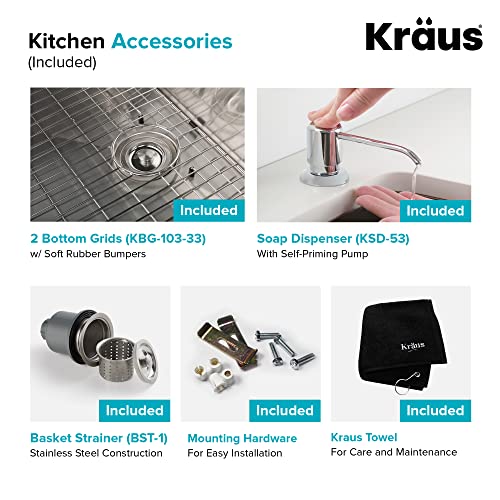 KRAUS 33-inch 16 Gauge Double Bowl 60/40 Standart PRO Kitchen Sink Combo Set with Bolden 18-inch Kitchen Faucet and Soap Dispenser, Chrome KHU103-33-1610-53CH