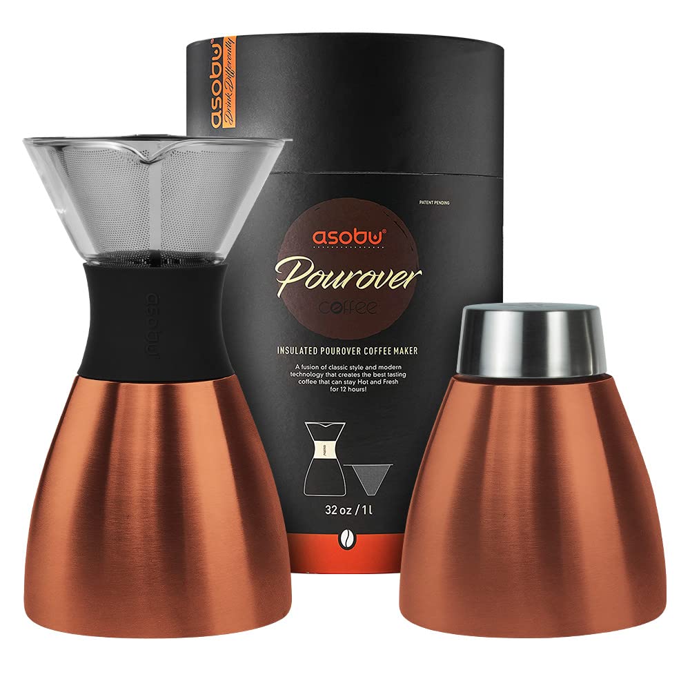 asobu Insulated Pour Over Coffee Maker (32 oz.) Double-Wall Vacuum, Stainless-Steel Filter and Take on the Go Carafe (Copper)