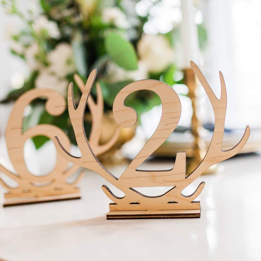 Messar Antler Wedding Table Number Set, 1-20 Animal Antler Shape Deer Horn Wooden Table Numbers with Holder Base for Reception Stands Décor for Wedding Events Birthday Party (Style 1)