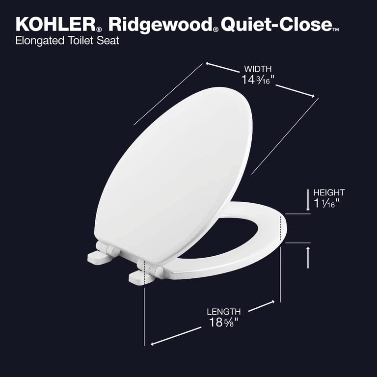 KOHLER 20454-0 Ridgewood Quiet-Close Elongated Toilet Seat, Compression-Molded Wood Toilet Seat, Soft Close Toilet Seat, White