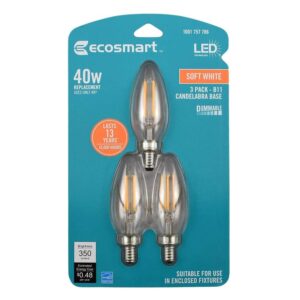 ecosmart 40-watt equivalent b11 e12 base dimmable clear filament vintage style led light bulb, soft white (3-pack)