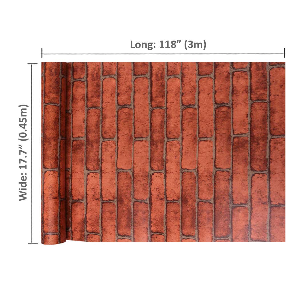 Lependor 17.71" X 118" Decorative Wallpaper Self-Adhesive Wallpaper Red Brick Printed Stick Paper Easy to Apply Peel and Stick Wallpaper - 17.71" x 9.8ft