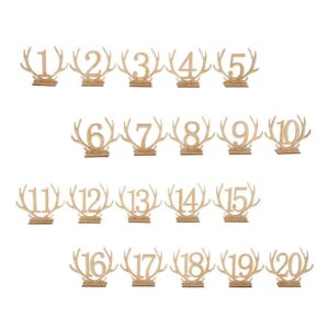 Messar Antler Wedding Table Number Set, 1-20 Animal Antler Shape Deer Horn Wooden Table Numbers with Holder Base for Reception Stands Décor for Wedding Events Birthday Party (Style 1)