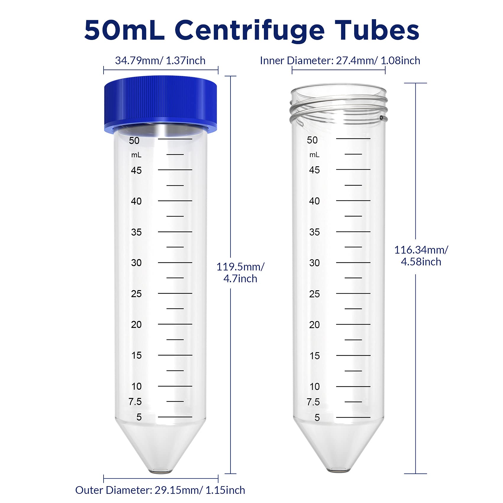 Membrane Solutions Conical Centrifuge Tubes 50mL, 25 Pack Sterile Plastic Test Tubes with Screw Caps, Polypropylene Container with Graduated and Write-on Spot, Non-Pyrogenic, DN/RNase Free