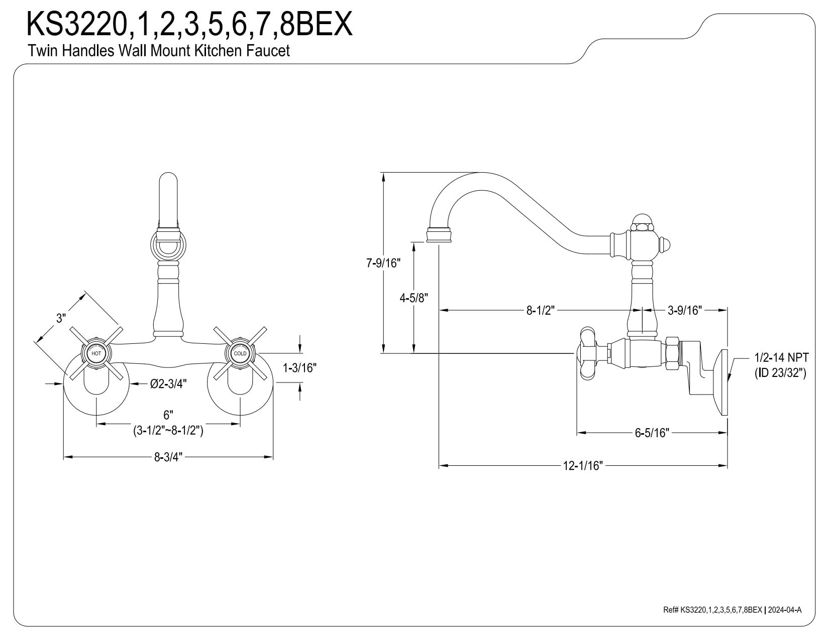 Kingston Brass KS3227BEX 6-Inch Adjustable Center Wall Mount Kitchen Faucet, Brushed Brass