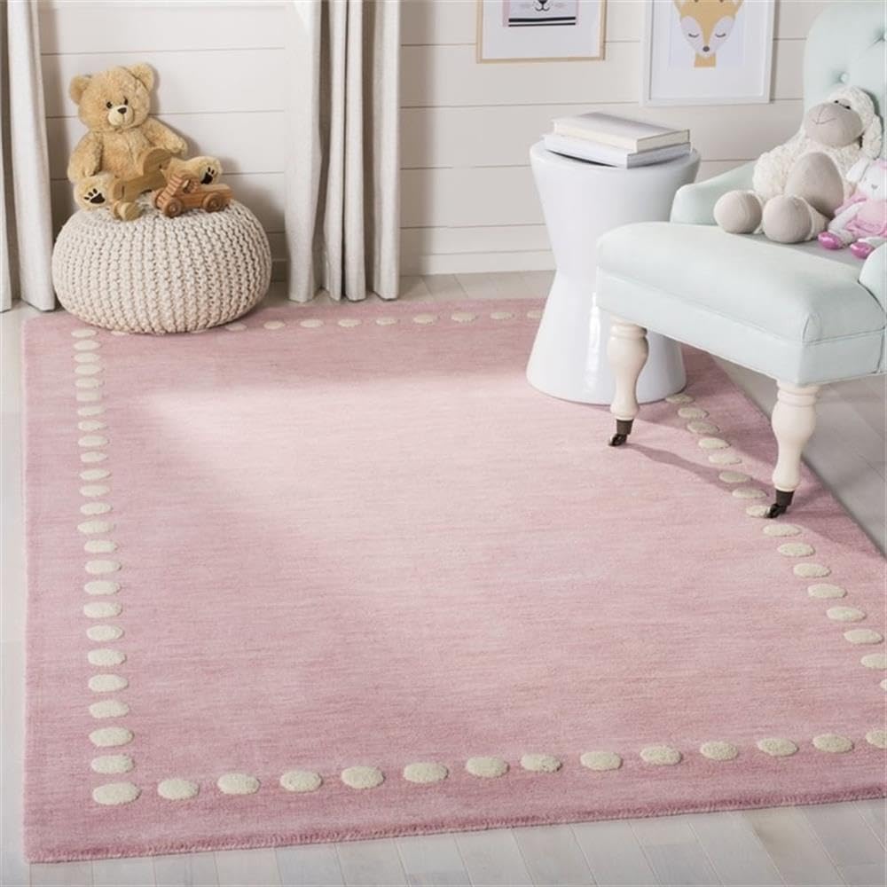 SAFAVIEH Kids Collection Area Rug - 8' x 10', Pink, Handmade Polka Dot Border Wool, Ideal for High Traffic Areas in Living Room, Bedroom (SFK802U)