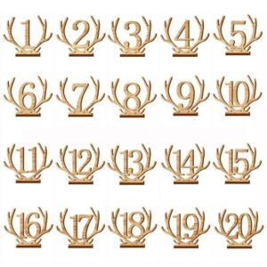 messar antler wedding table number set, 1-20 animal antler shape deer horn wooden table numbers with holder base for reception stands décor for wedding events birthday party (style 1)