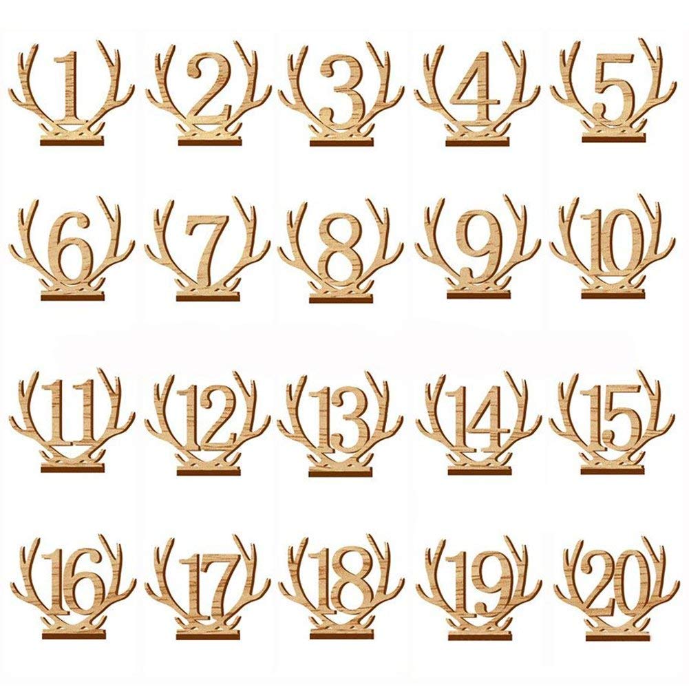 Messar Antler Wedding Table Number Set, 1-20 Animal Antler Shape Deer Horn Wooden Table Numbers with Holder Base for Reception Stands Décor for Wedding Events Birthday Party (Style 1)