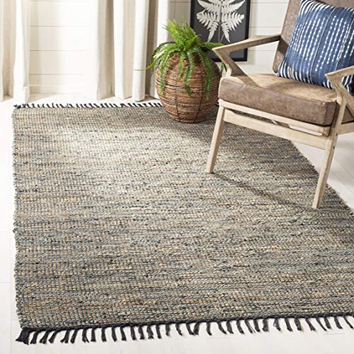 SAFAVIEH Vintage Leather Collection Accent Rug - 4' x 6', Grey, Handmade Boho Fringe Leather & Jute, Ideal for High Traffic Areas in Entryway, Living Room, Bedroom (VTL203F)