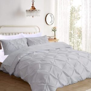 bedding kraft pintuck duvet cover set | pintuck comforter cover | light gray duvet cover queen | 3 piece pinch pleat duvet cover (oversized king, silver)