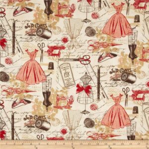 timeless treasures vintage sewing red, quilting fabric by the yard