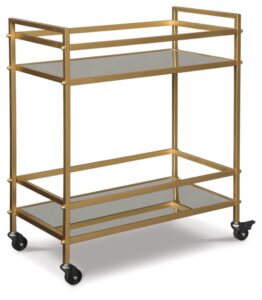 signature design by ashley kailman modern glam mirrored metal bar cart with casters, 32", gold finish