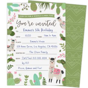 Koko Paper Co. A Whole Llama Fun Party Invitations. Set of 25 Fill-in Style Invites and White Envelopes Featuring Llamas, Colorful Cactus and Floral Accents. Perfect for Birthdays or Any Events.