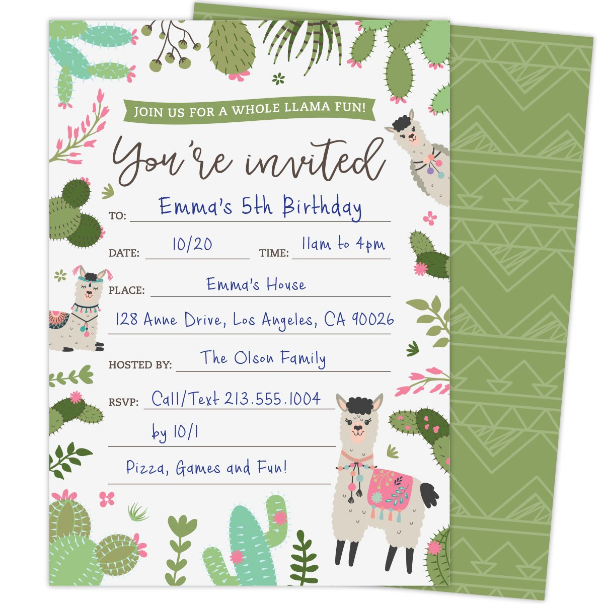 Koko Paper Co. A Whole Llama Fun Party Invitations. Set of 25 Fill-in Style Invites and White Envelopes Featuring Llamas, Colorful Cactus and Floral Accents. Perfect for Birthdays or Any Events.