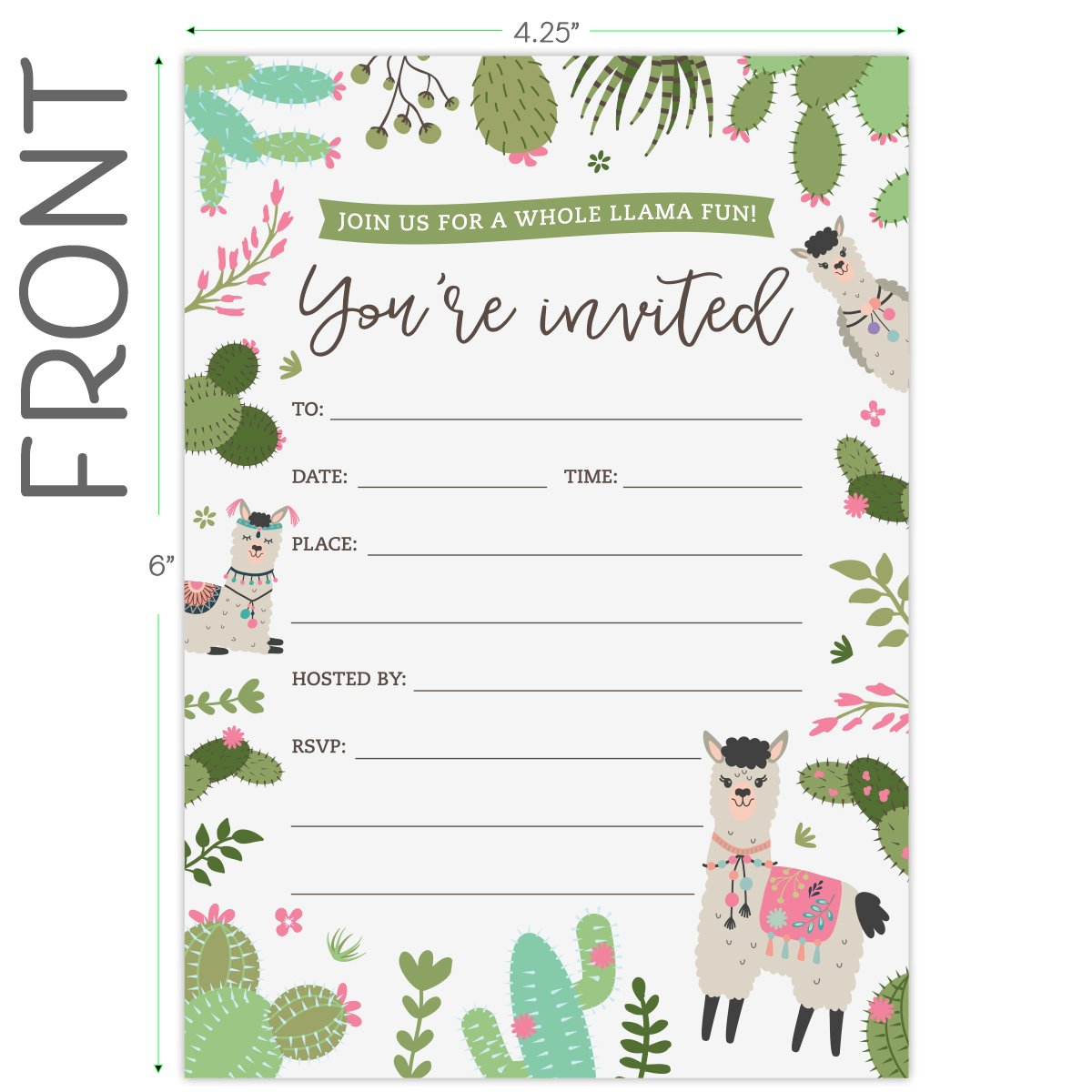 Koko Paper Co. A Whole Llama Fun Party Invitations. Set of 25 Fill-in Style Invites and White Envelopes Featuring Llamas, Colorful Cactus and Floral Accents. Perfect for Birthdays or Any Events.