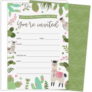 koko paper co. a whole llama fun party invitations. set of 25 fill-in style invites and white envelopes featuring llamas, colorful cactus and floral accents. perfect for birthdays or any events.