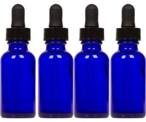 cobalt glass bottles with eye droppers (2 oz, 4 pk) for essential oils, colognes & perfumes, blank labels included