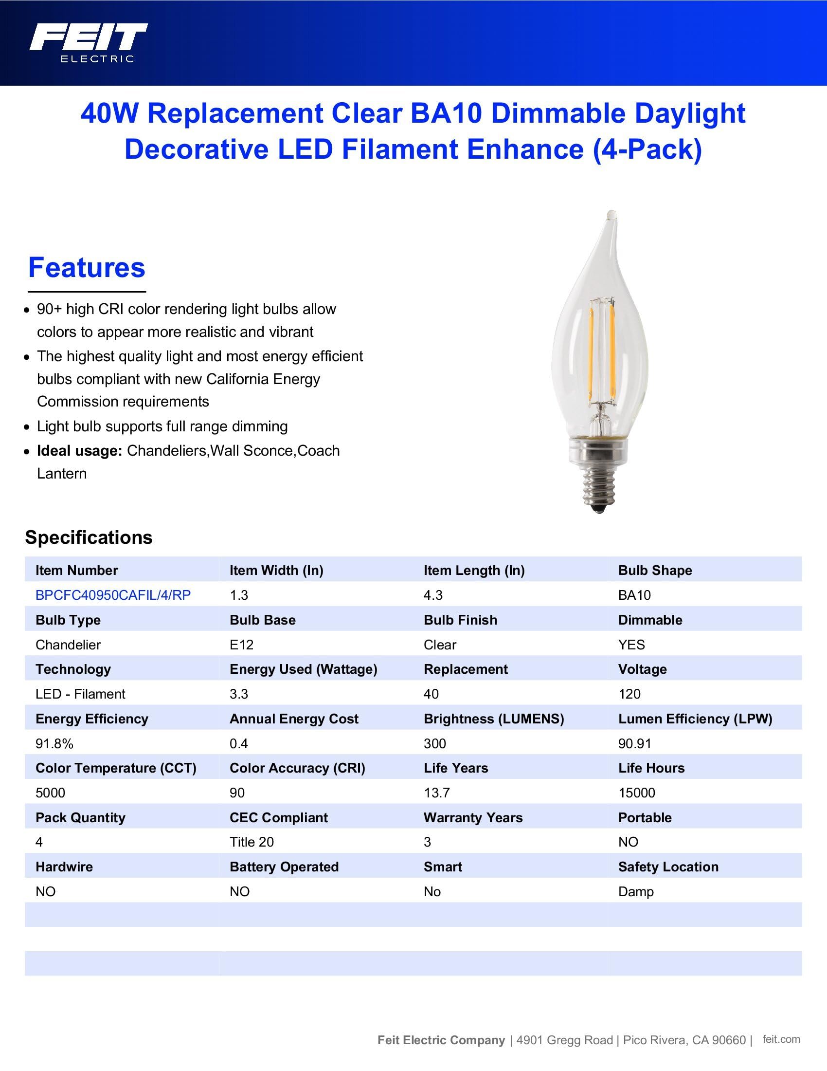 Feit Electric Candelabra LED Light Bulbs, Dimmable, 40W Equivalent, E12 Base, 5000K Daylight White, Vintage B10 Filament Candle Light Bulb for Chandelier, BPCFC40950CAFIL/4/RP, 4 Pack