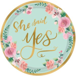 mint to be "she said yes" metallic round plates, 7" (8-pack) - elegant floral tableware, a sophisticated touch to engagement parties & bridal showers