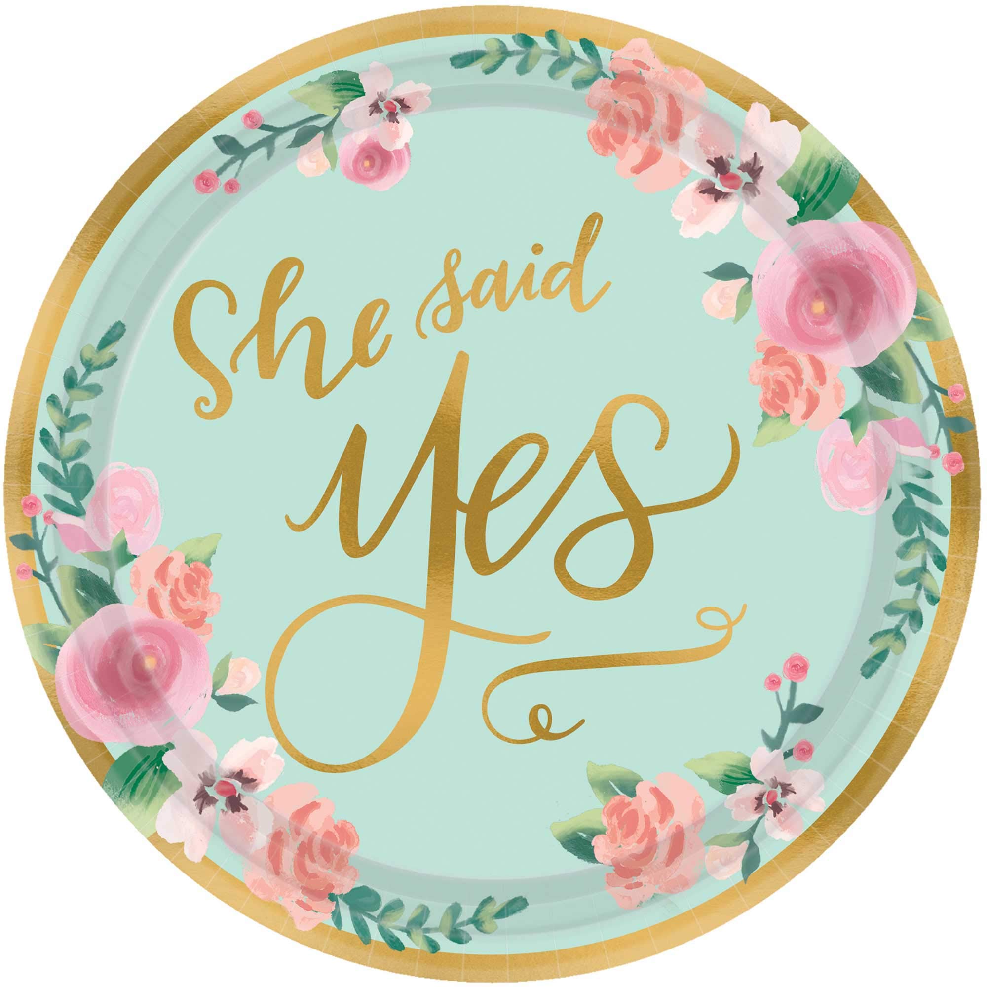 Mint To Be "She Said Yes" Metallic Round Plates, 7" (8-Pack) - Elegant Floral Tableware, A Sophisticated Touch to Engagement Parties & Bridal Showers